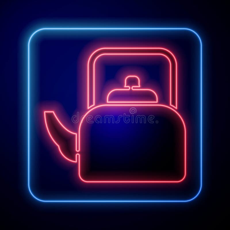 Glowing Neon Kettle with Handle Icon Isolated on Blue Background ...