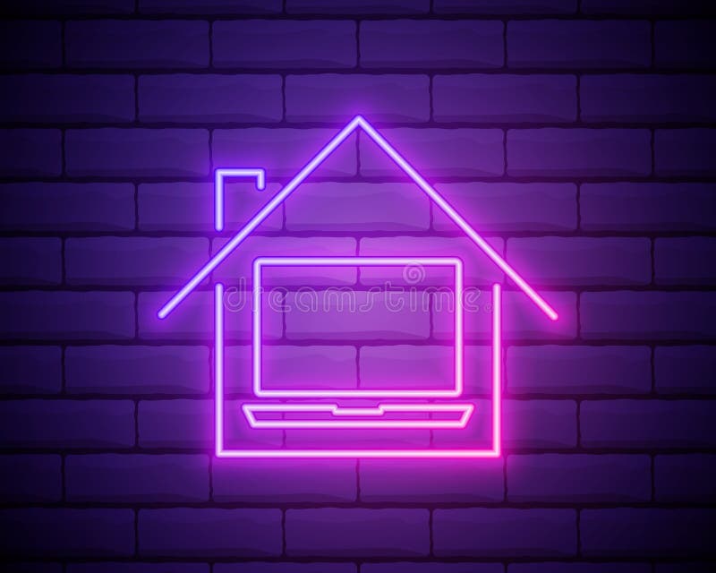 Glowing Neon Laptop and Smart Home Icon Isolated on Brick Wall ...