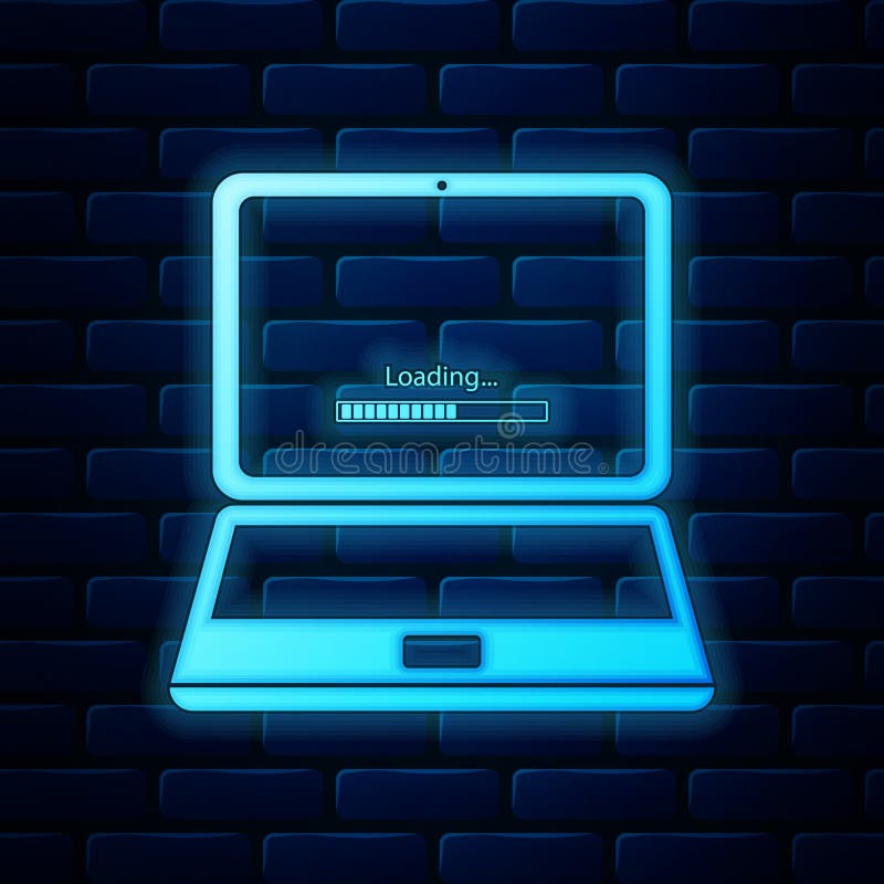 Glowing Neon Laptop Update Process with Loading Bar Icon Isolated on ...