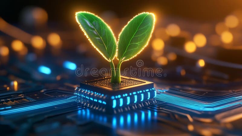 Glowing Neon Leaf on Electronic Circuit Board Concept of Eco Technology ...
