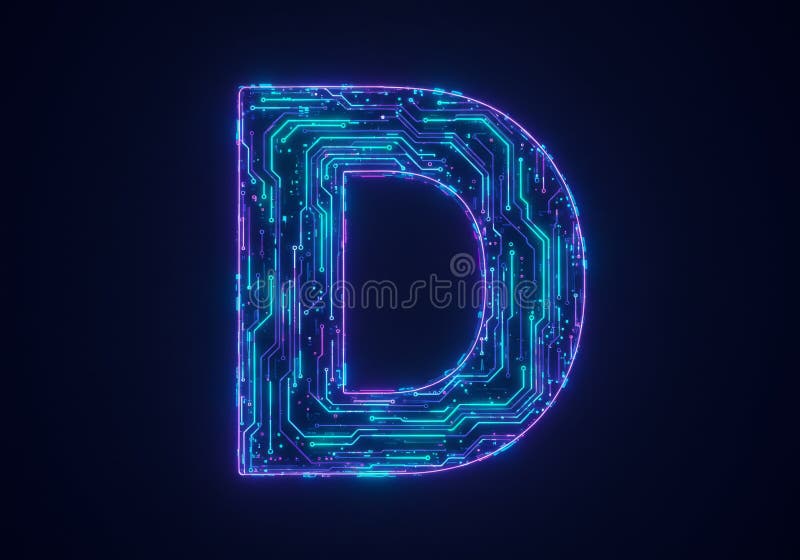 Glowing Neon Letter D Circuit Board Design Stock Illustration ...