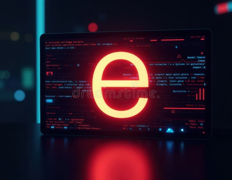 Glowing Neon Letter E on Futuristic Tech Screen Stock Illustration ...