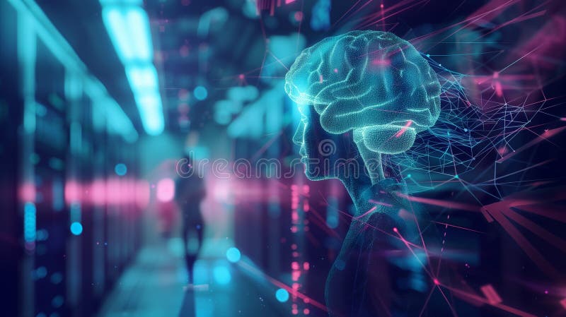 Glowing Neon Light Brain. Artificial Intelligence Neural System Stock ...