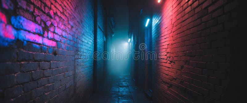 Glowing Neon Light on Brick Wall in Dark Alley at Night Stock Photo ...