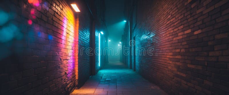 Glowing Neon Light on Brick Wall in Dark Alley at Night. Stock Photo ...