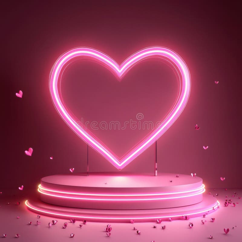 Glowing Neon Light Heart Shaped with Empty Podium Background, 3D ...