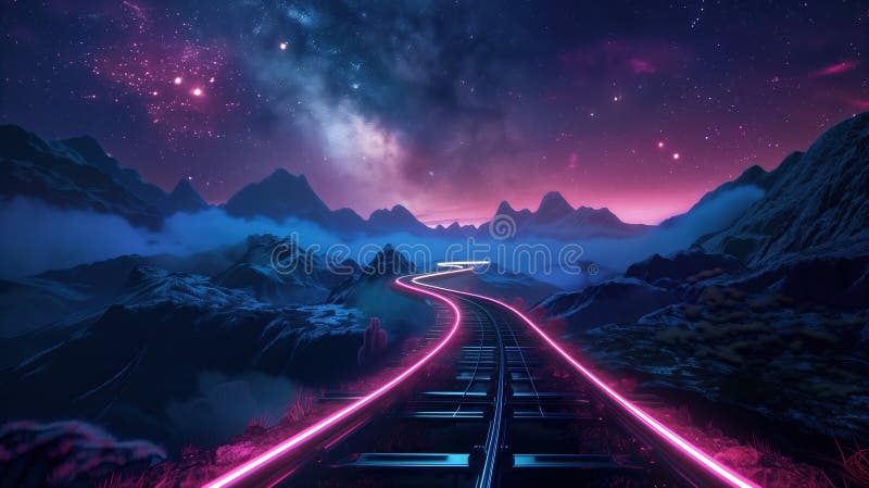 Glowing Neon Light Path on Railway in Mountain Valley at Night Stock ...