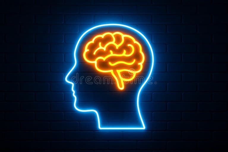 Glowing Neon Light Silhouette of a Human Head and Brain, Representing ...