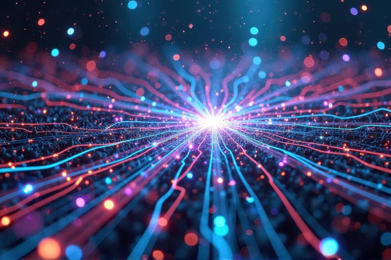 Glowing Neon Light Trails Converging at a Central Point in Futuristic ...