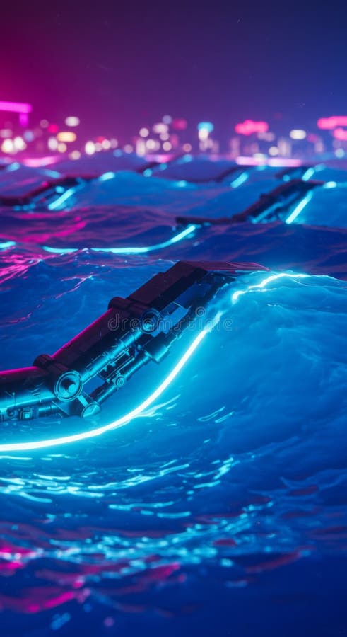Glowing Neon Lights on Water at Night City Background Stock ...