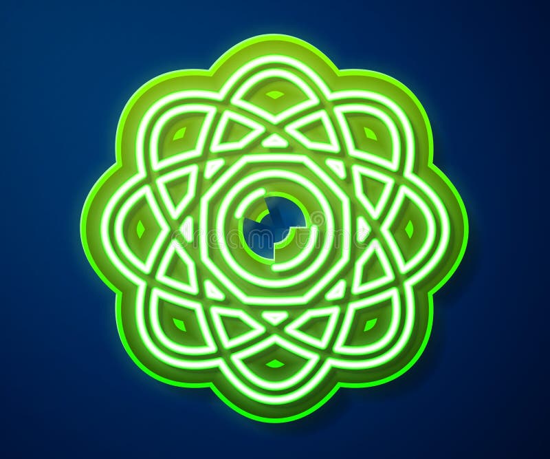 Glowing Neon Line Atom Icon Isolated on Blue Background. Symbol of ...