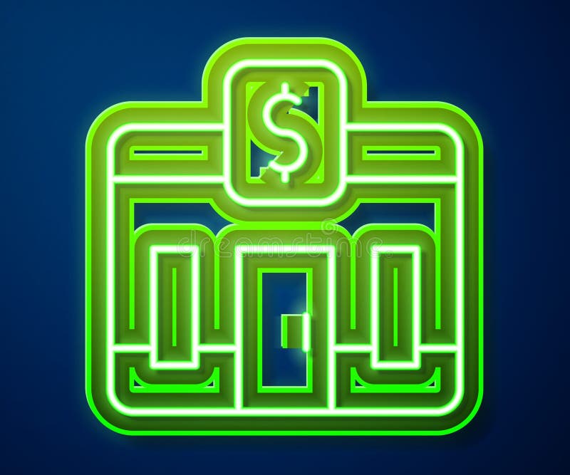 Glowing Neon Line Bank Building Icon Isolated on Blue Background ...