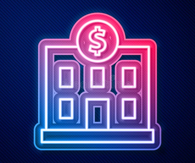 Glowing Neon Line Bank Building Icon Isolated on Blue Background ...