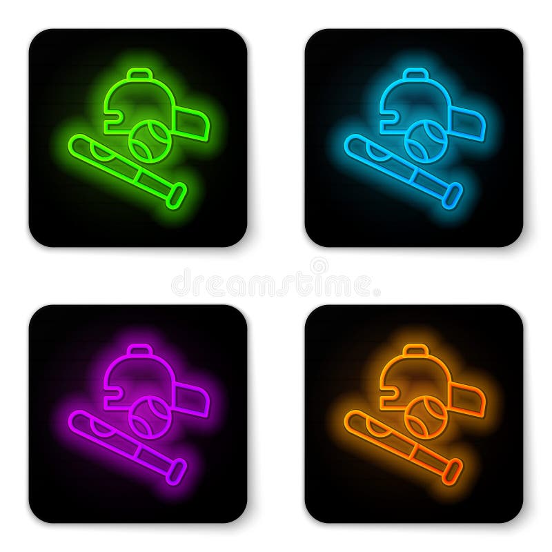 Glowing Neon Line Baseball Bat with Ball, Hat Icon Isolated on White ...