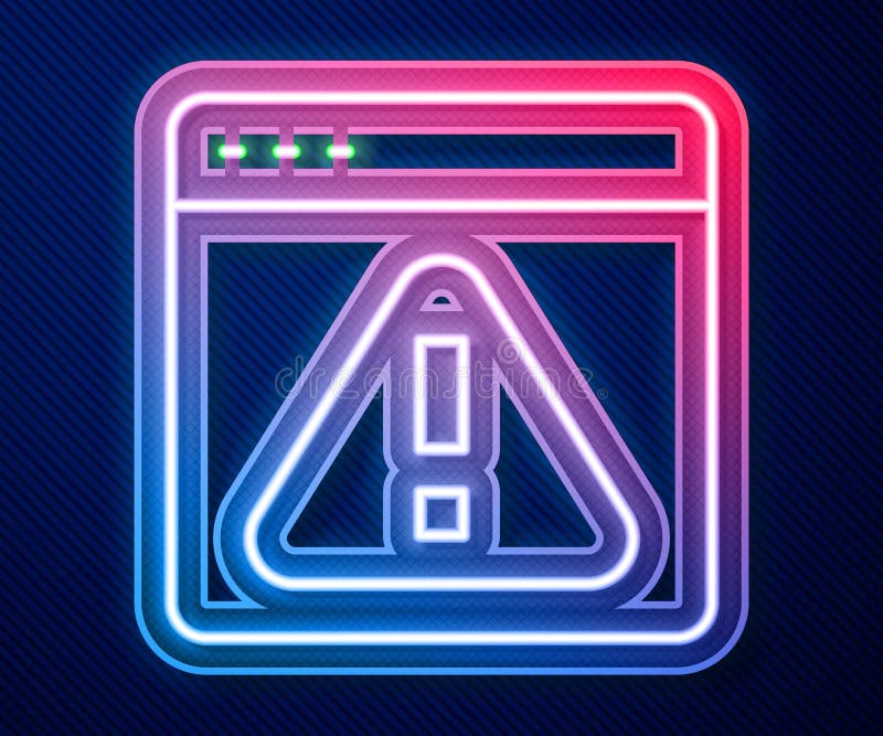 Glowing Neon Line Browser with Exclamation Mark Icon Isolated on Blue ...