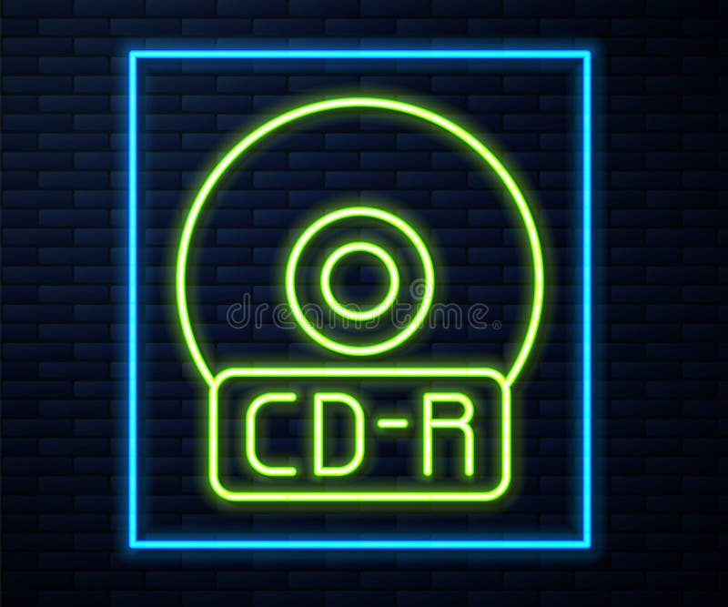 Glowing Neon Line CD or DVD Disk Icon Isolated on Brick Wall Background ...