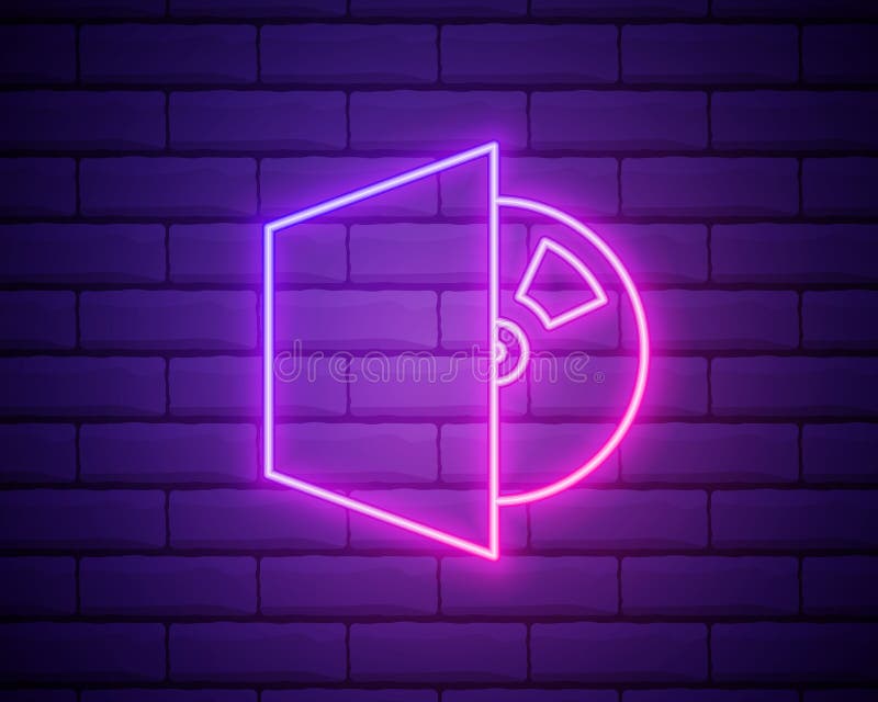 Glowing Neon Line CD or DVD Disk Icon Isolated on Brick Wall Background ...