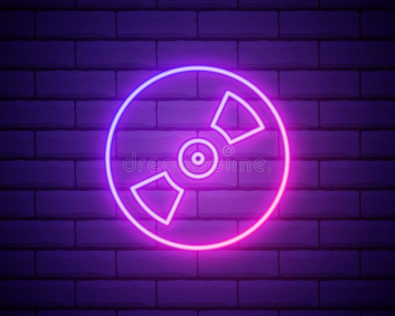 Glowing Neon Line CD or DVD Disk Icon Isolated on Brick Wall Background ...