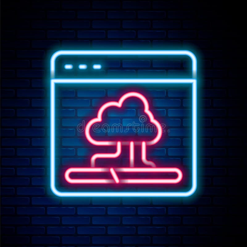 Glowing Neon Line Cloud Technology Data Transfer and Storage Icon Isolated on Brick Wall ...