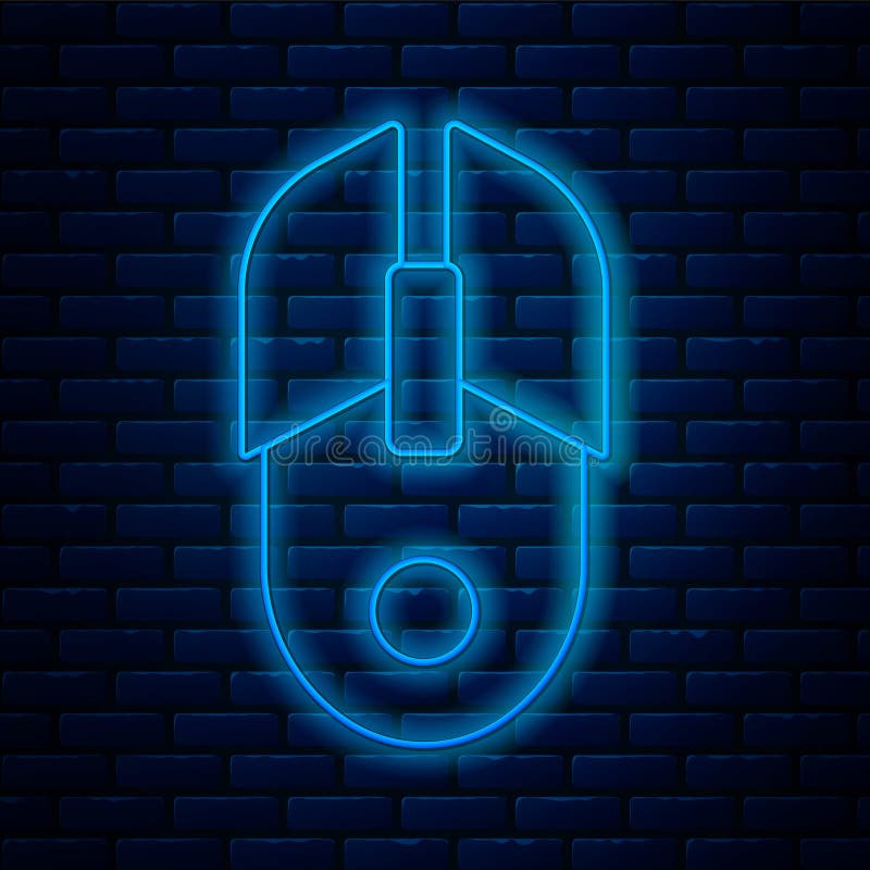 Glowing Neon Line Computer Mouse Icon Isolated on Brick Wall Background ...
