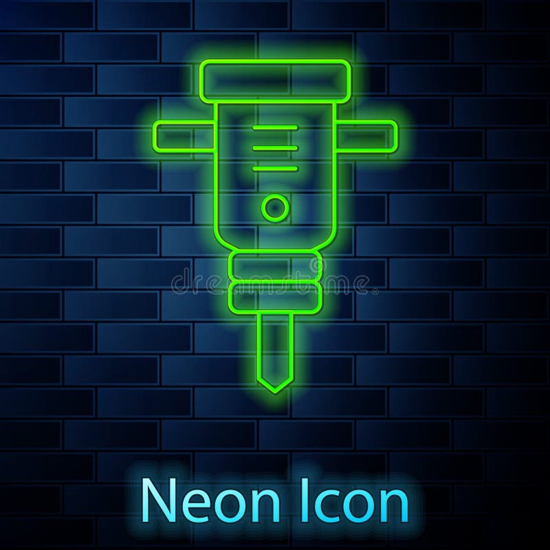 Glowing Neon Line Construction Jackhammer Icon Isolated on Brick Wall ...
