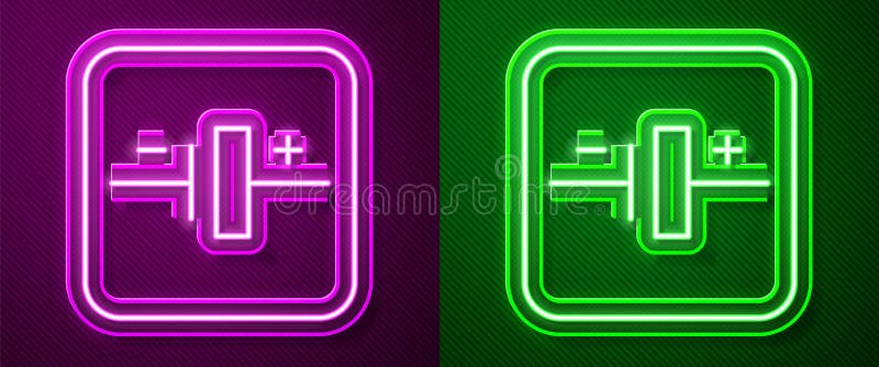Glowing Neon Line DC Voltage Source Icon Isolated on Purple and Green ...