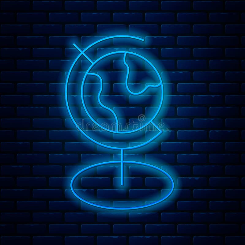Glowing Neon Line Earth Globe Icon Isolated on Brick Wall Background ...