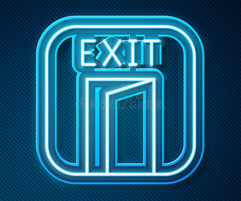 Glowing Neon Line Fire Exit Icon Isolated on Blue Background. Fire ...
