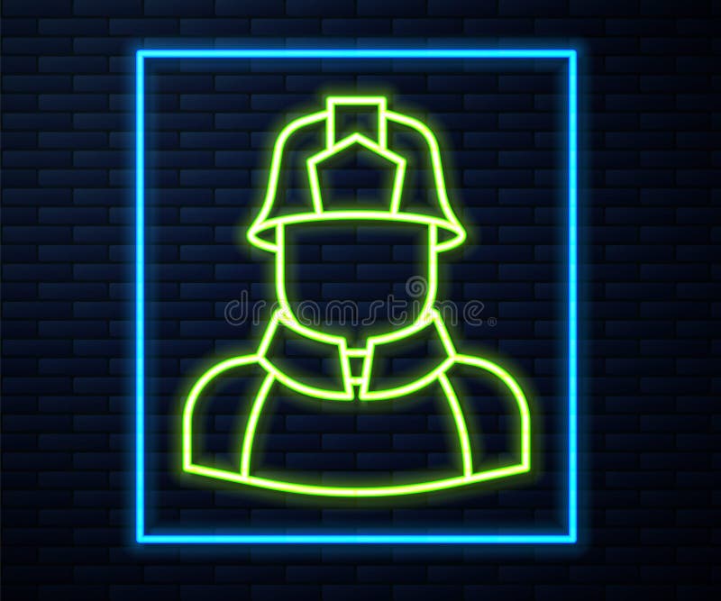 Glowing Neon Line Firefighter Icon Isolated on Brick Wall Background ...