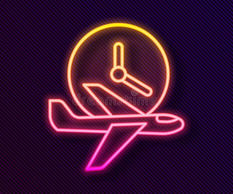 Glowing Neon Line Flight Time Icon Isolated on Black Background. Vector ...