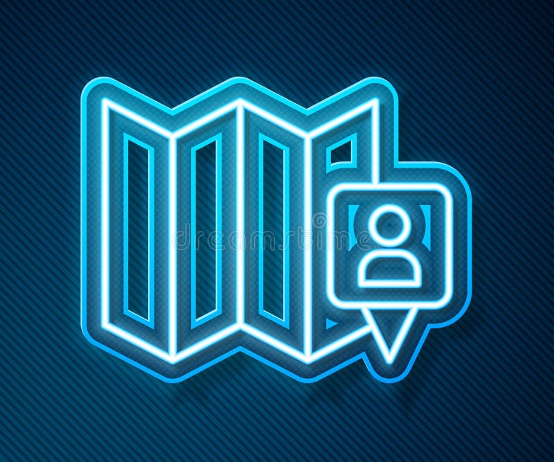 Glowing Neon Line Folded Map with Location Marker Icon Isolated on Blue ...