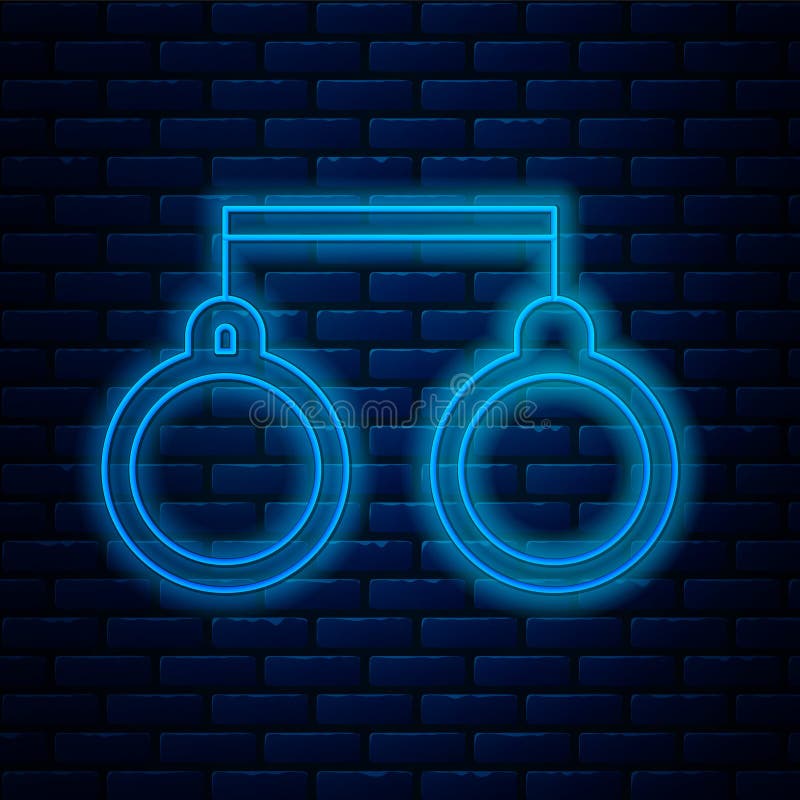 Glowing Neon Line Handcuffs Icon Isolated On Brick Wall Background