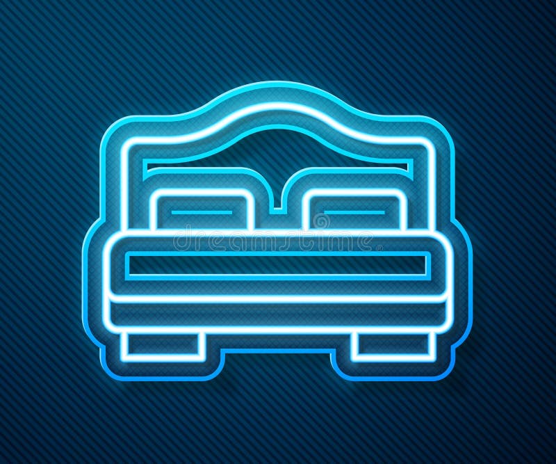 Glowing Neon Line Hotel Room Bed Icon Isolated on Blue Background ...