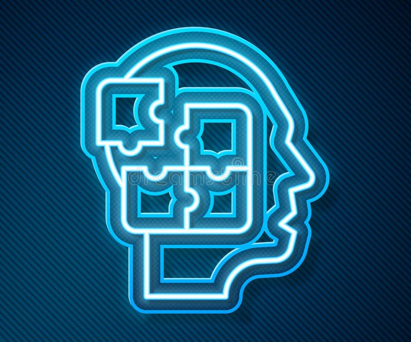 Glowing Neon Line Human Head Puzzles Strategy Icon Isolated on Blue ...
