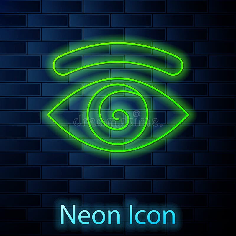 Neon Hypnotic Eye Icon. Glowing Neon Eye Sign with Spiral Iris ...