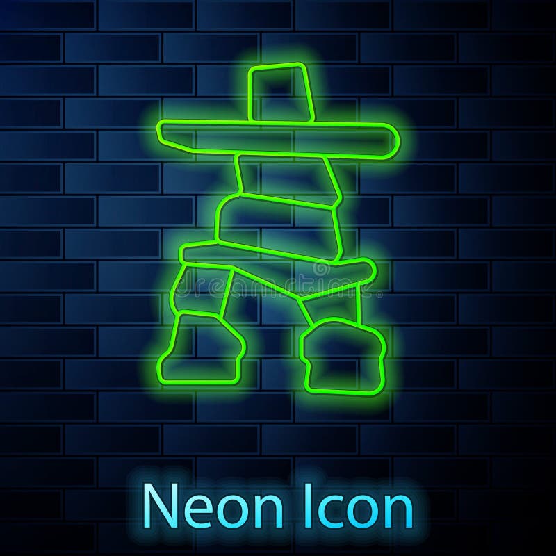 Glowing Neon Line Inukshuk Icon Isolated on Brick Wall Background ...