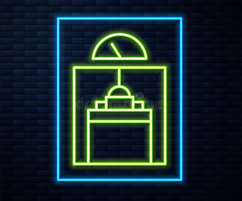 Glowing Neon Line Lift Icon Isolated on Brick Wall Background. Elevator ...