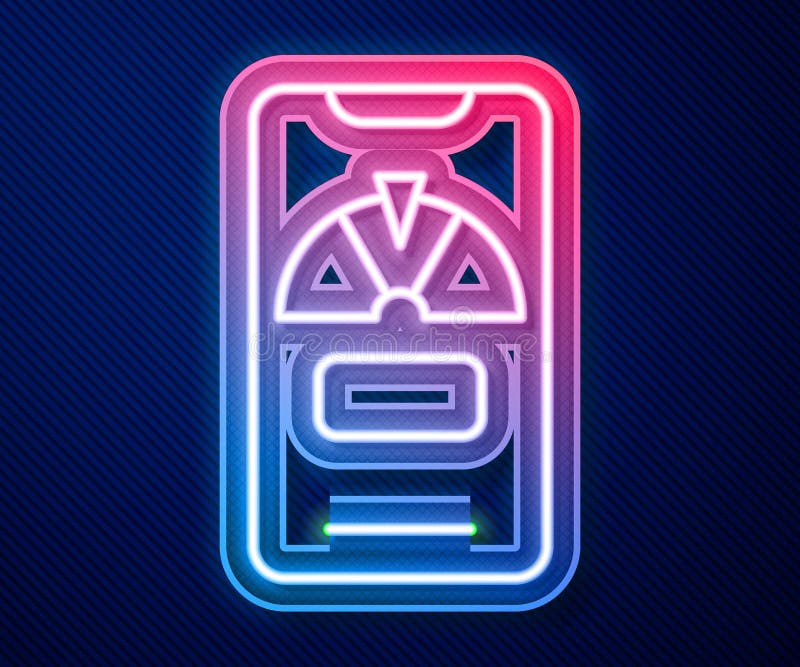 Glowing Neon Line Lucky Wheel on Phone Icon Isolated on Blue Background ...