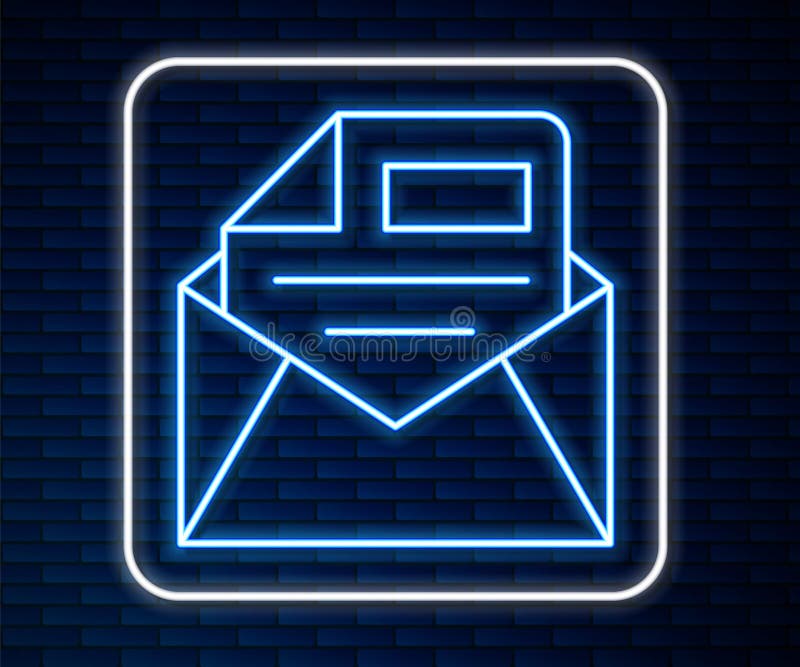 Glowing Neon Line Mail and E-mail Icon Isolated on Brick Wall ...