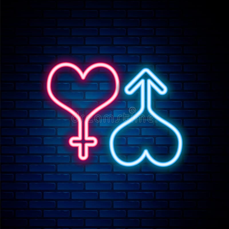 Glowing Neon Line Male And Female Symbol Heart Icon Isolated On Brick