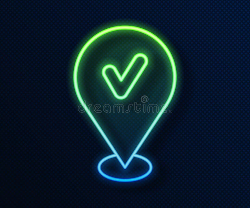 Glowing Neon Line Map Pin with Check Mark Icon Isolated on Blue ...