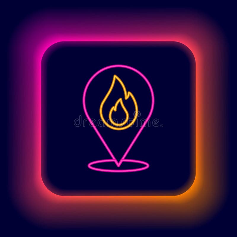 Glowing Neon Line Map Pointer with Fire Flame Icon Isolated on Black Background. Fire Nearby ...