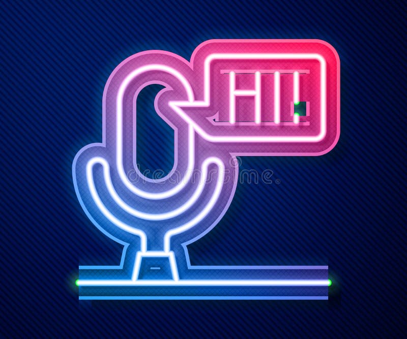 Glowing Neon Line Microphone Voice Device Icon Isolated on Blue ...