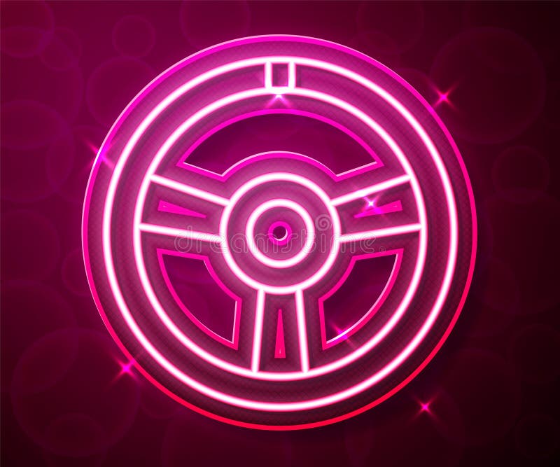 Glowing Neon Line Racing Steering Wheel Icon Isolated on Red Background ...