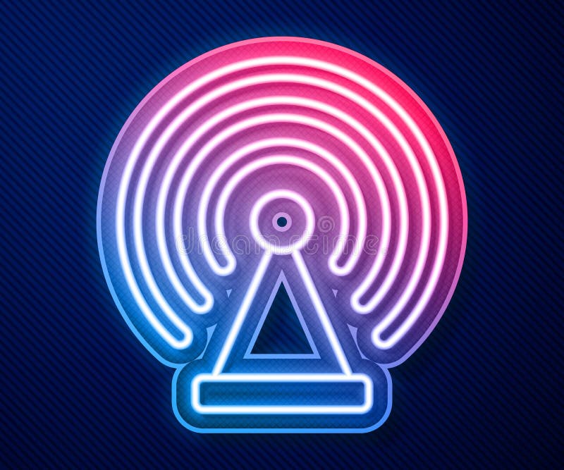 Glowing Neon Line Radar Icon Isolated on Blue Background. Search System ...
