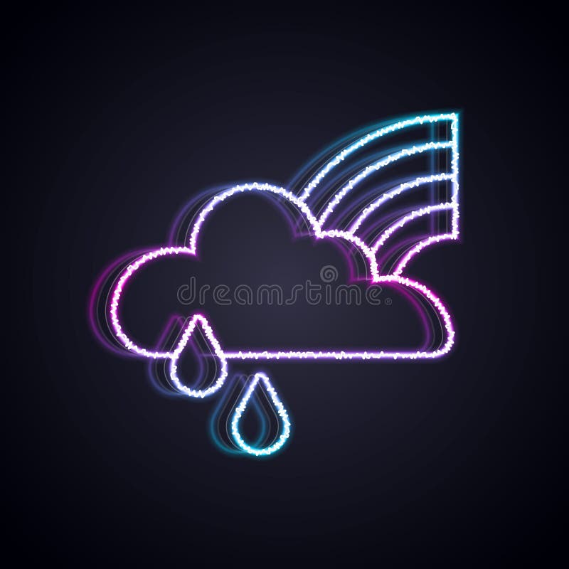 Glowing Neon Line Rainbow with Cloud and Rain Icon Isolated on Black ...