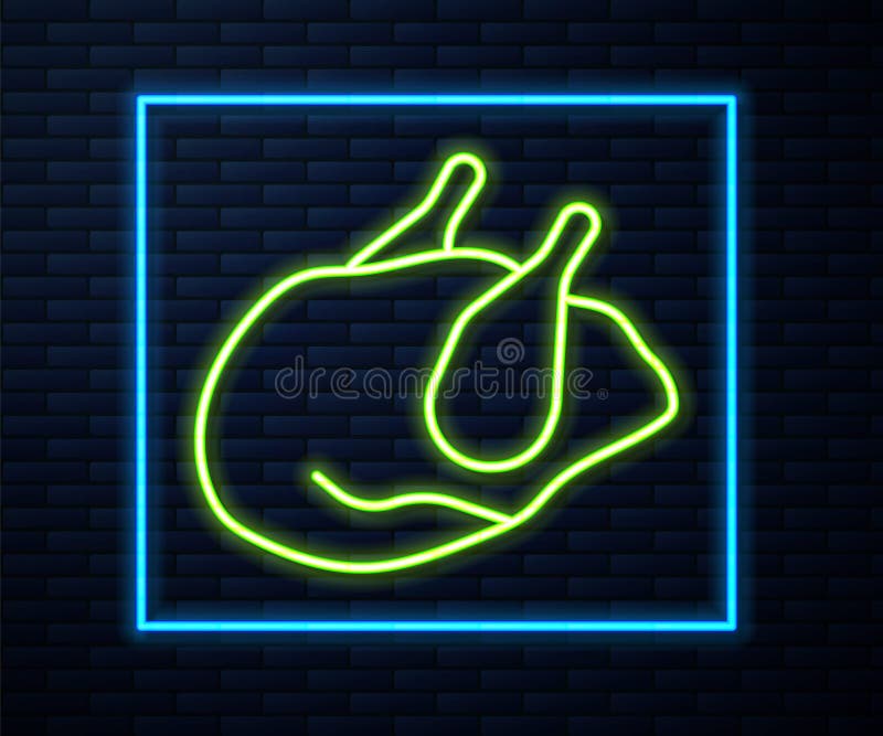Glowing Neon Line Roasted Turkey or Chicken Icon Isolated on Brick Wall ...