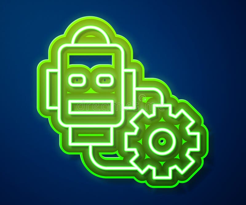 Glowing Neon Line Robot Setting Icon Isolated on Blue Background ... Glowing Neon Line Robot Setting Icon Isolated on Blue Background ...