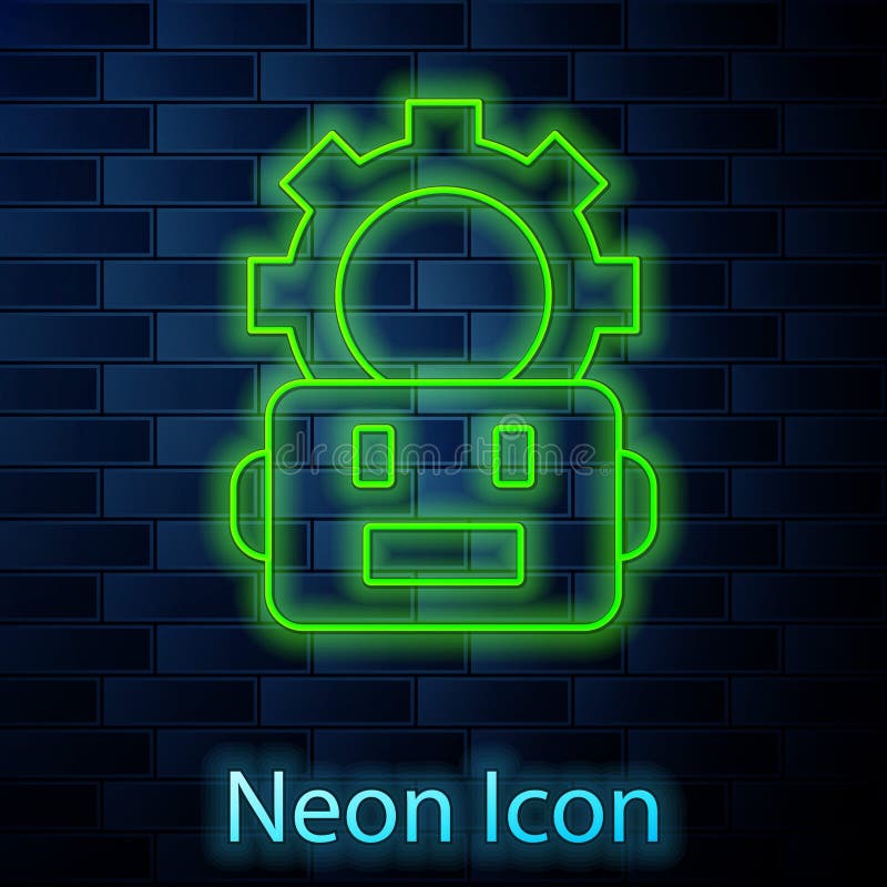 Glowing Neon Line Robot Setting Icon Isolated on Brick Wall Background ... Glowing Neon Line Robot Setting Icon Isolated on Brick Wall Background ...
