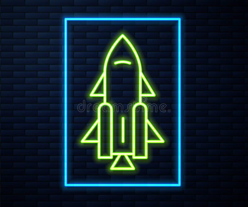 Glowing Neon Line Rocket Ship with Fire Icon Isolated on Brick Wall ...